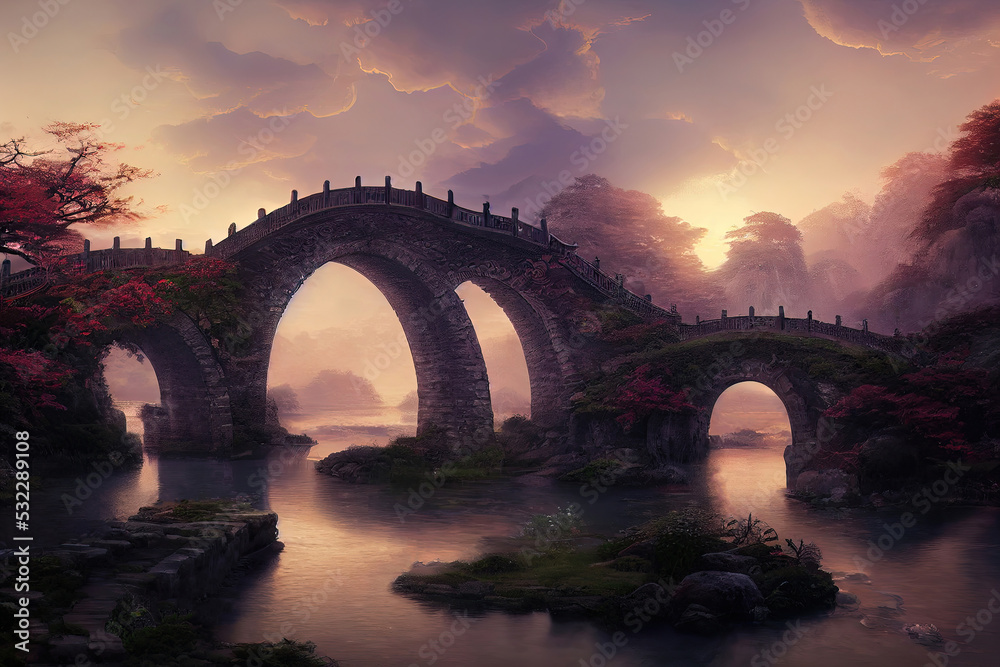 Fantasy landscape, Chinese bridge between the islands, an ancient ...