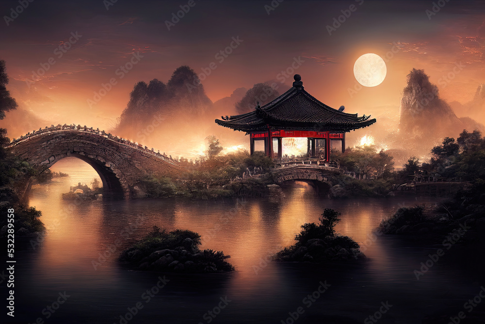 Fantasy landscape, Chinese bridge between the islands, an ancient ...