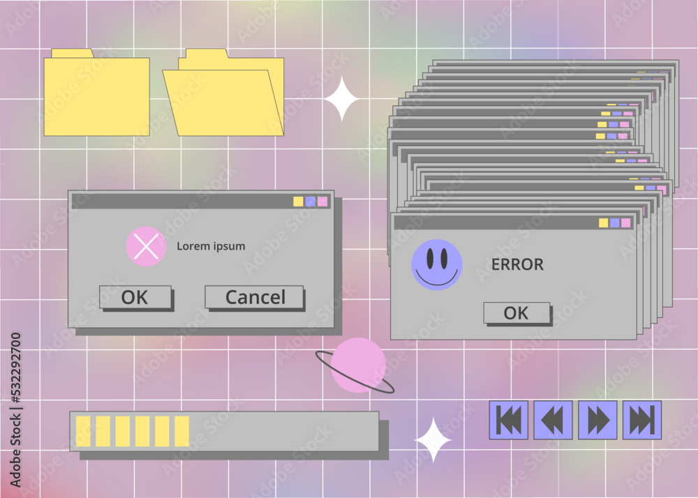 Retro browser computer window in 90s vaporwave style with smile face hipster stickers. Retrowave ...
