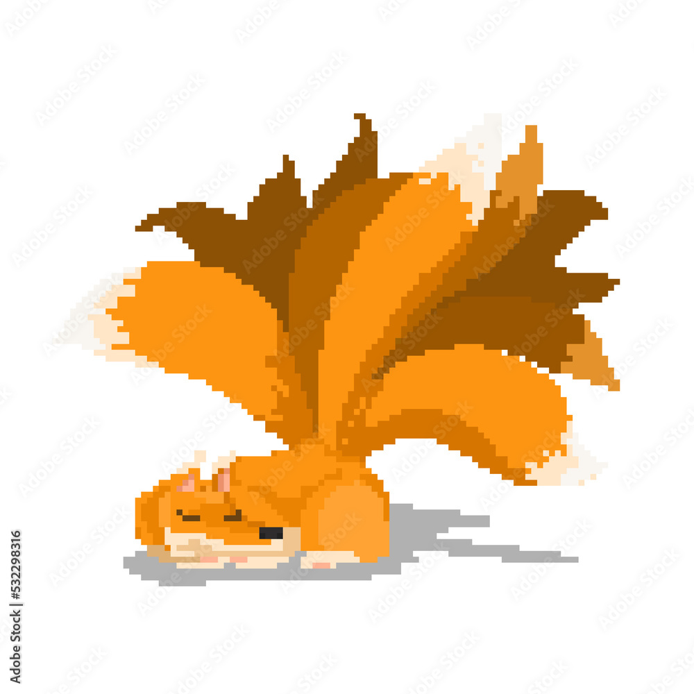 Pixel art cartoon cute nine tails sleeping fox character. Stock ...