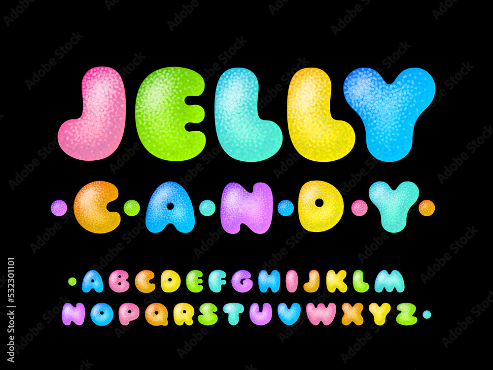 Jelly candy font. Soft glossy multicolored vector uppercase alphabet ...