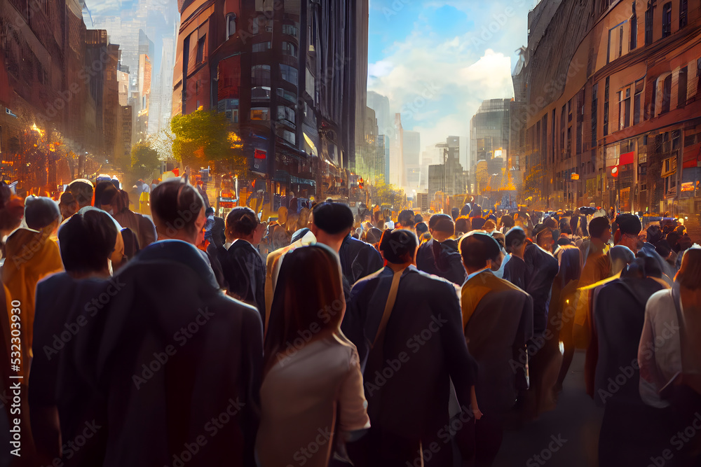 crowd of office suit wearing people walking to work at downtown street ...