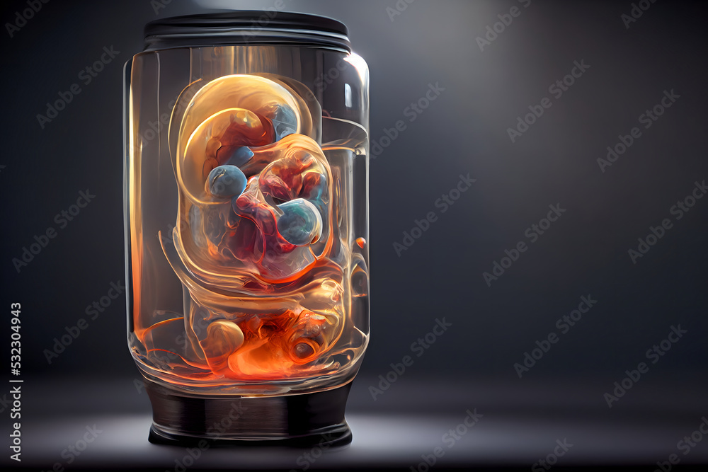 human baby embyo inside incubator breeding tank on gray background ...