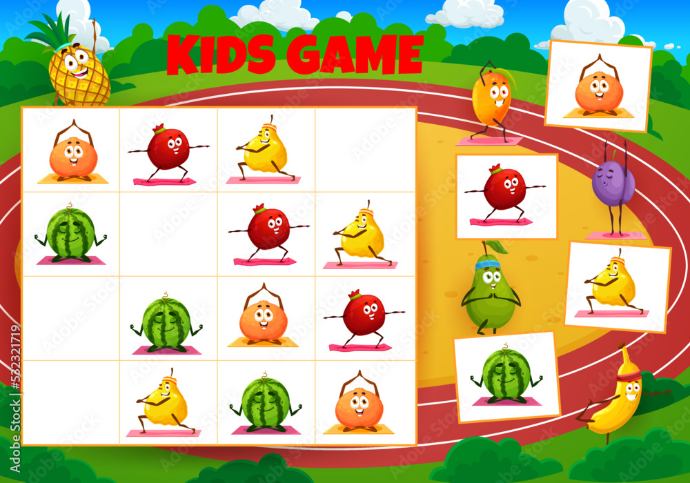 Sudoku game worksheet, cartoon fruit characters on yoga. Vector kids ...