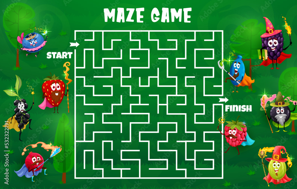 Cartoon funny wizard and fairy berries characters labyrinth maze ...