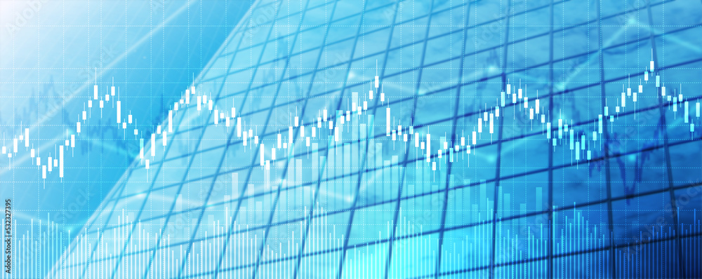 Double exposure financial chart with graph of stock market and glass ...