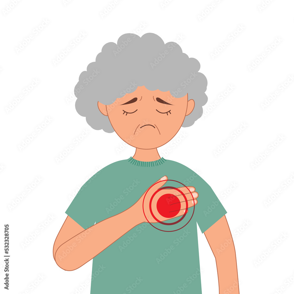 Elderly woman touches chest hold a hand focus on the breast while heart ...