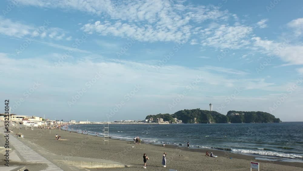 FUJISAWA, KANAGAWA, JAPAN - AUGUST 2022 : View of Enoshima beach (sea ...