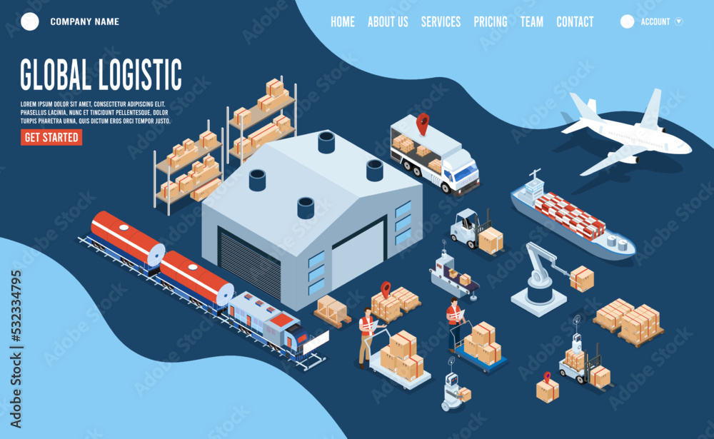 3D isometric Smart logistics concept with Warehouse Logistic, Workers ...