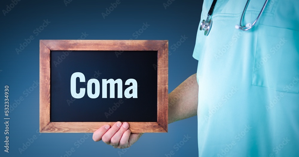 Coma. Doctor shows sign/board with wooden frame. Background blue Stock ...