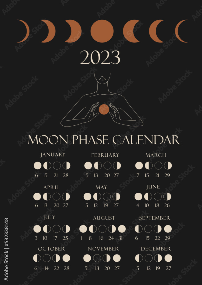 Moon phases calendar 2023 with a girl line. Waning gibbous, Waxing ...