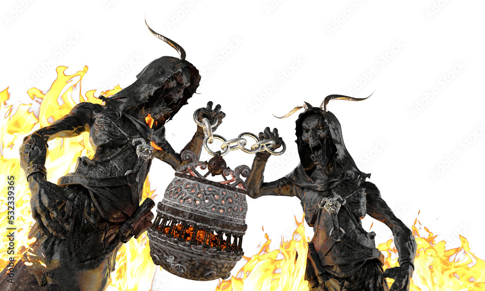 Grim reaper with horns characters on fire holding fantasy potion pot ... Grim reaper with horns characters on fire holding fantasy potion pot ...