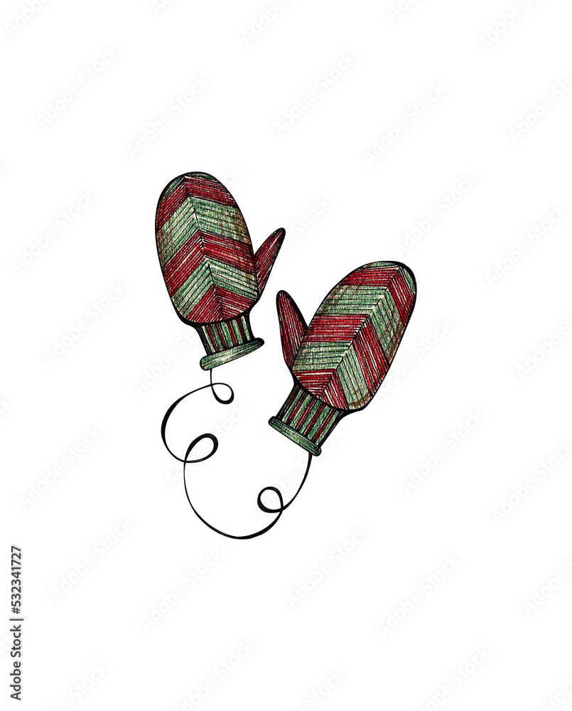 red-green mittens on a string. winter doodle illustration with ...