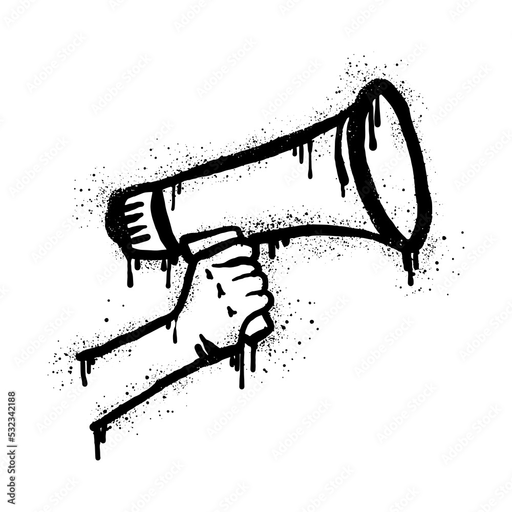 Hand is holding a megaphone or loud speaker. Spray painted graffiti ...