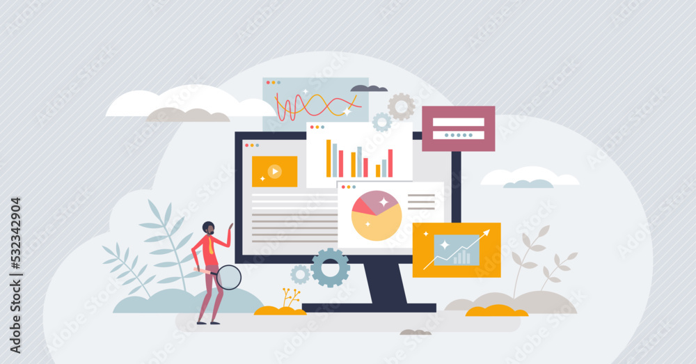 Data dashboard with information charts and analysis tiny person concept ...