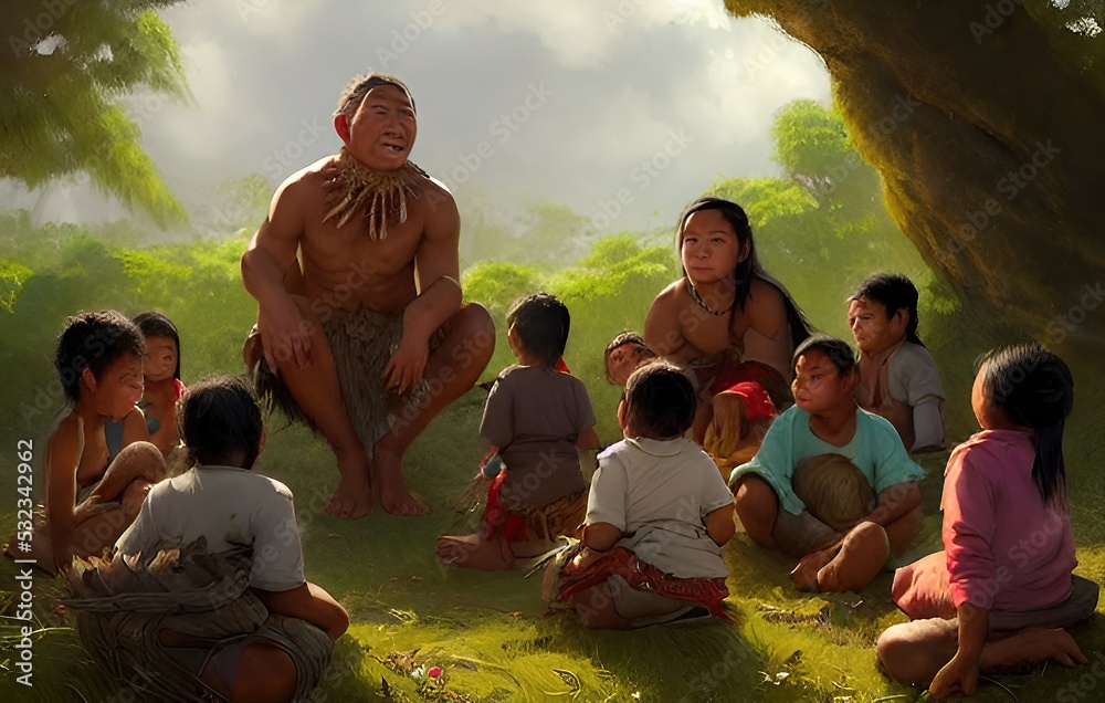 Pacific Islander children are gathered around an elderly storyteller ...