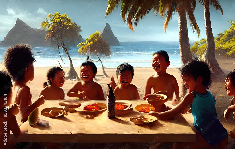 Pacific Islander children are gathered around a table enjoying a feast ...