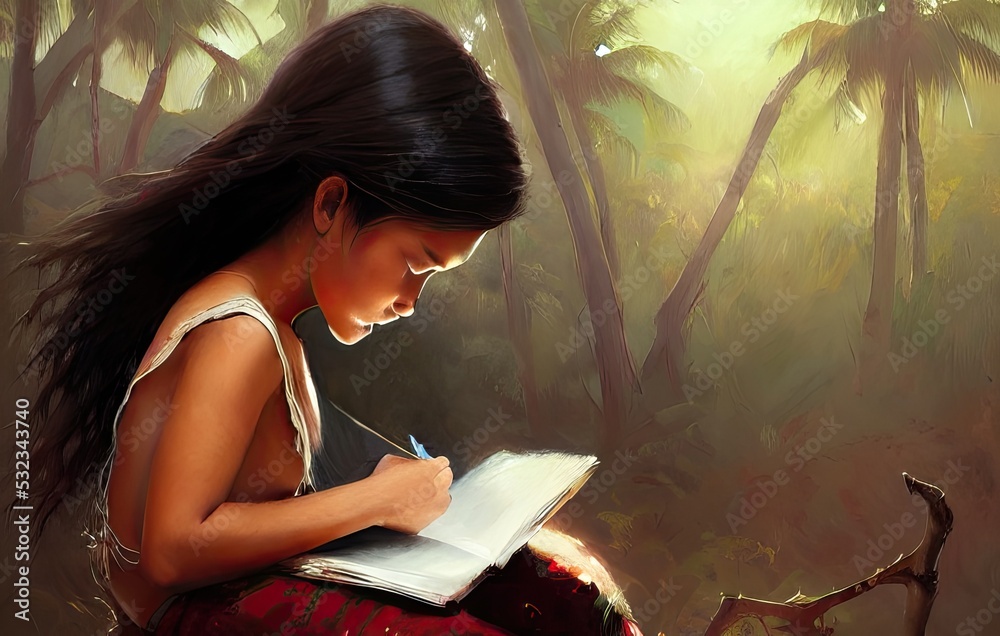 Pacific Islander girl reading and learning alone outside, enjoying ...