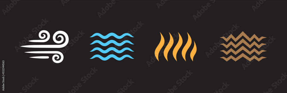 Four elements icon set. Four element energy symbol sets. Wind, air ...