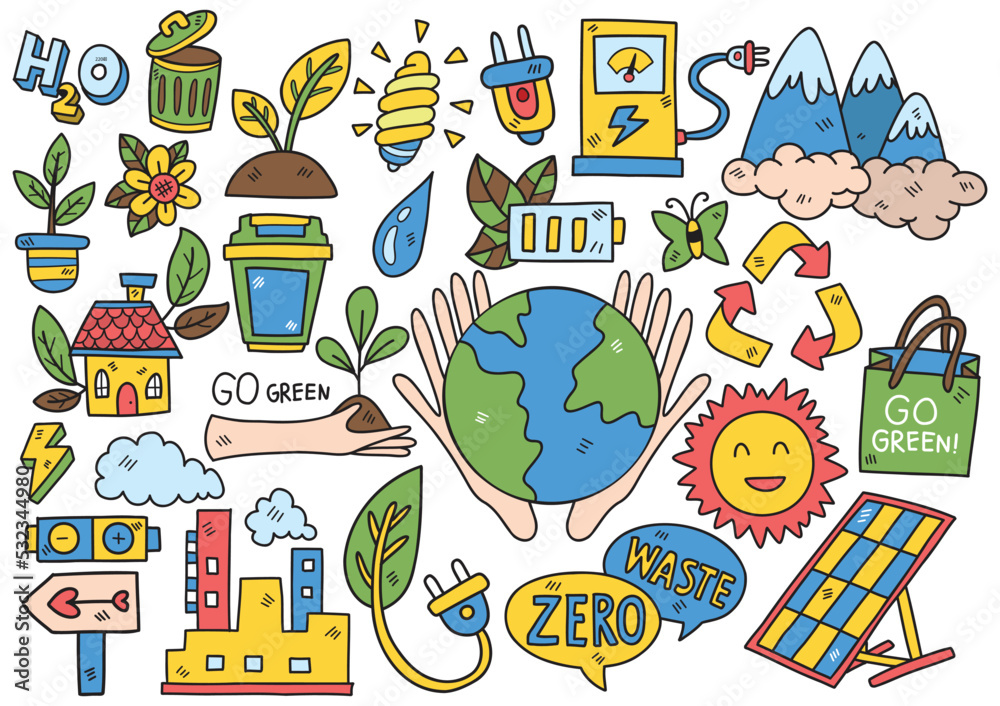 Hand drawn style Modern Green energy doodle objects vector illustration ...