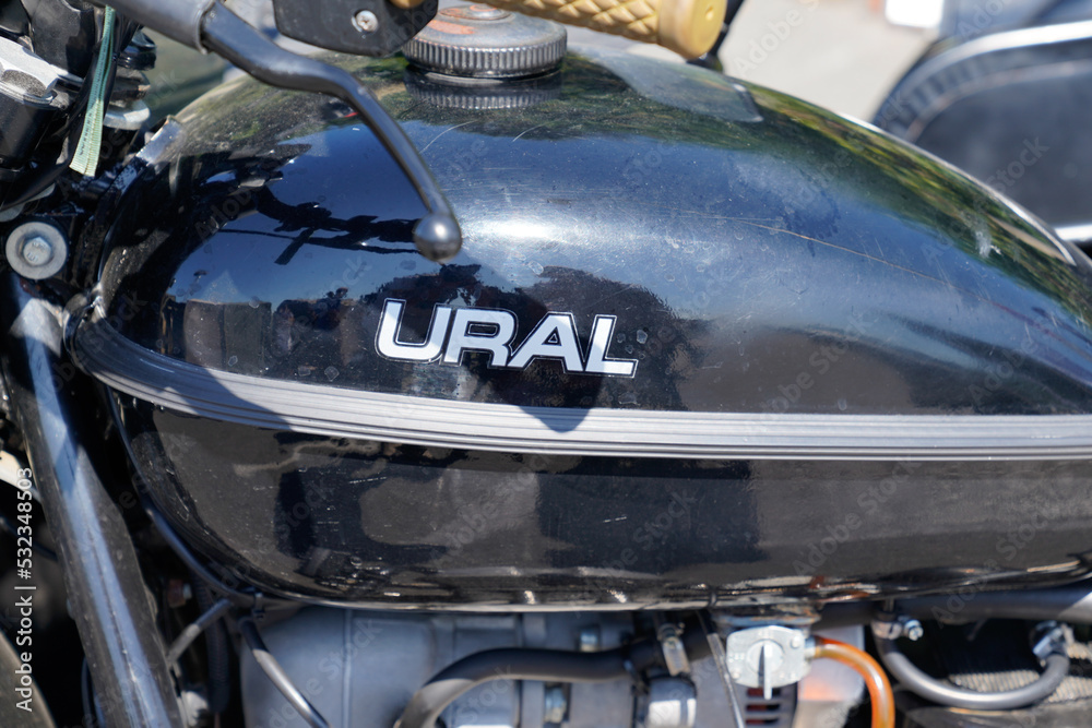 Ural sidecar motorcycle logo sign and text brand on motorbike fuel tank ...