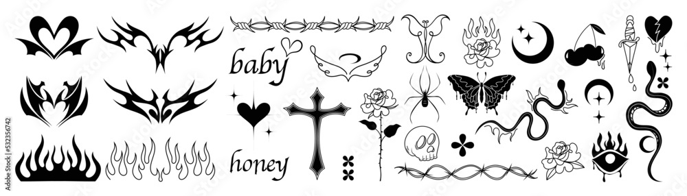 Set of y2k tattoo symbol vector on white background. Black trendy ...