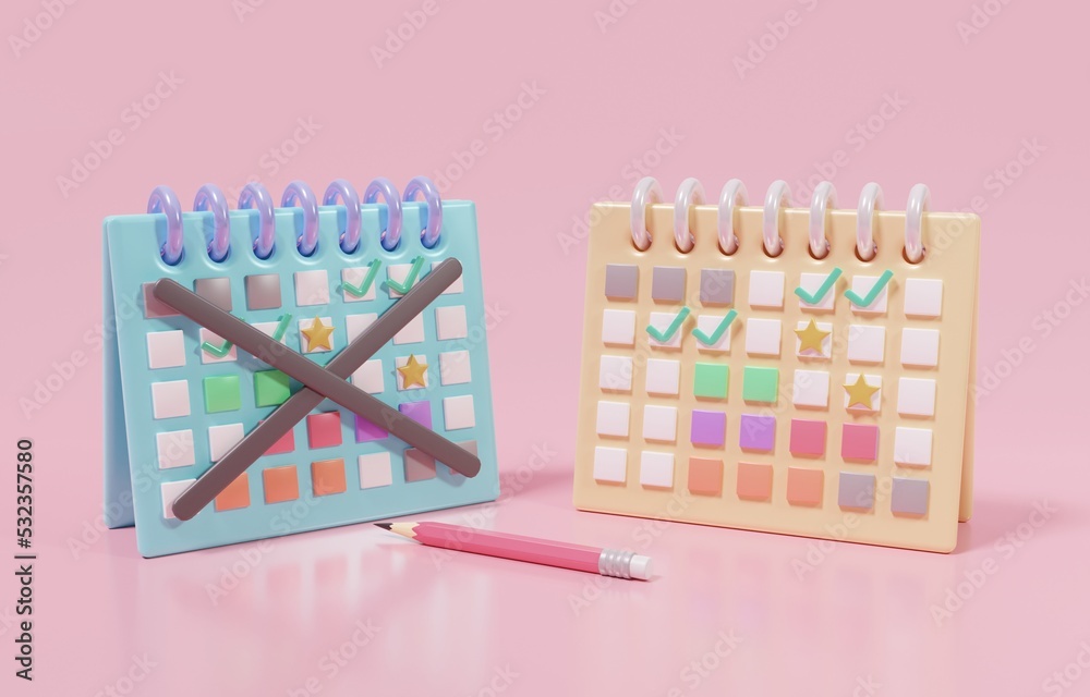 Cross on calendar with old schedule and calendar with new schedule ...