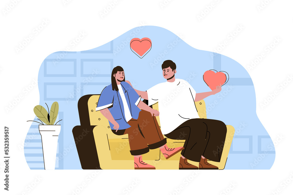 Romantic evening concept. Man and woman talks sitting on couch and ...