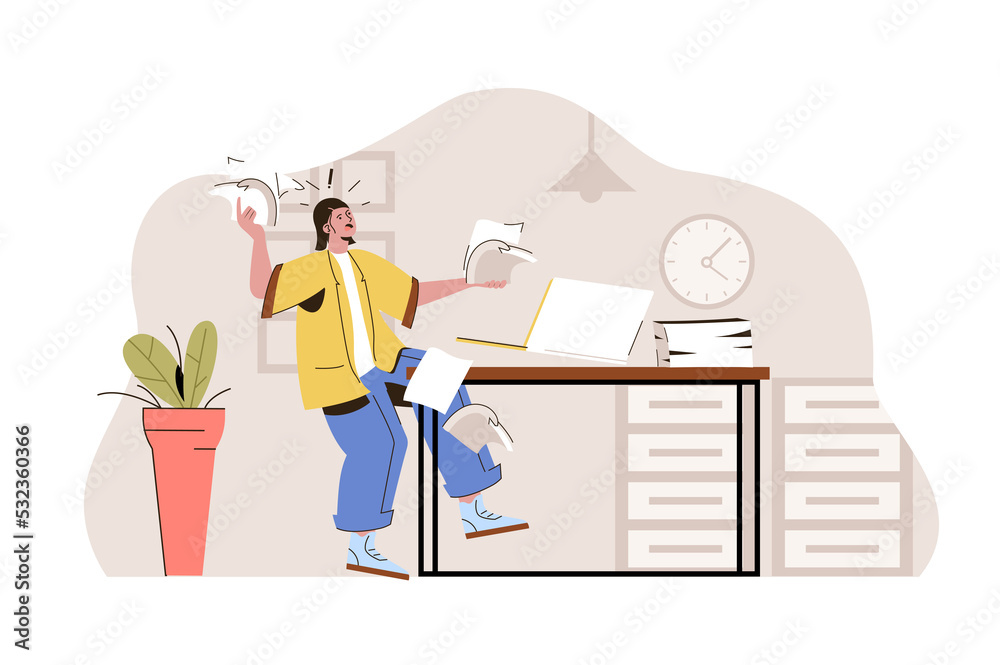 Time management concept. Employee scattered documents, hurries to ...