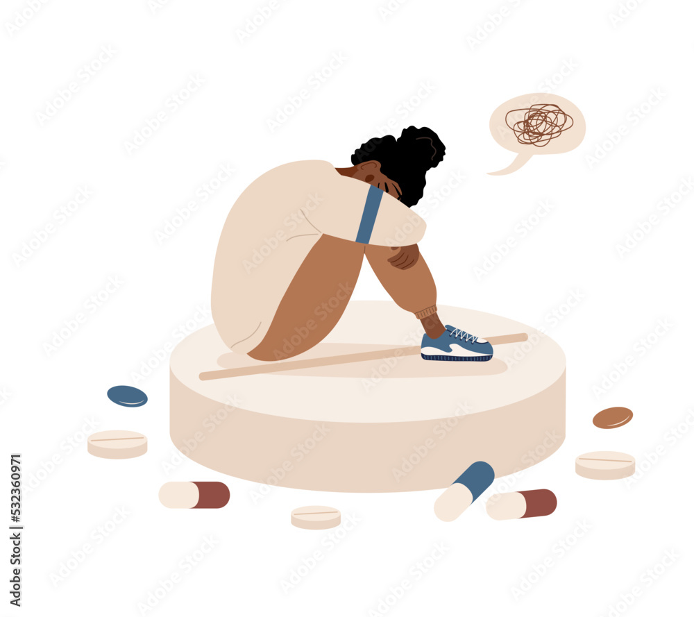 Depressed african woman sitting on huge pill. Sad girl with headache ...