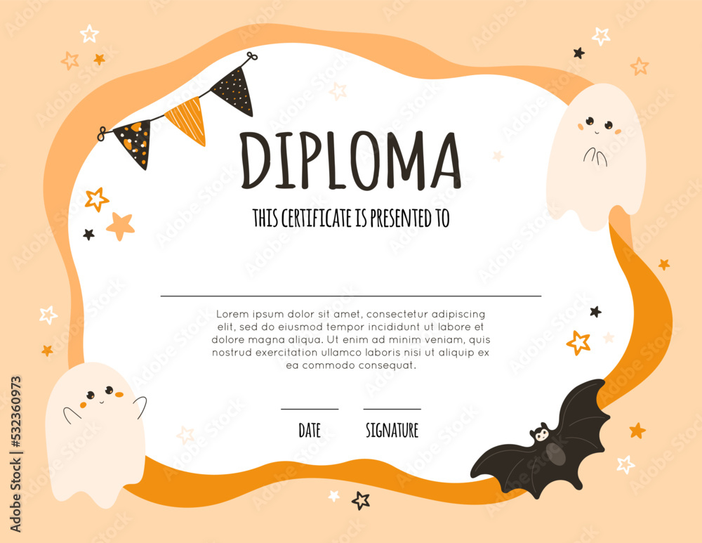 Halloween diploma template for kids with cute ghost, bat, decorative ...