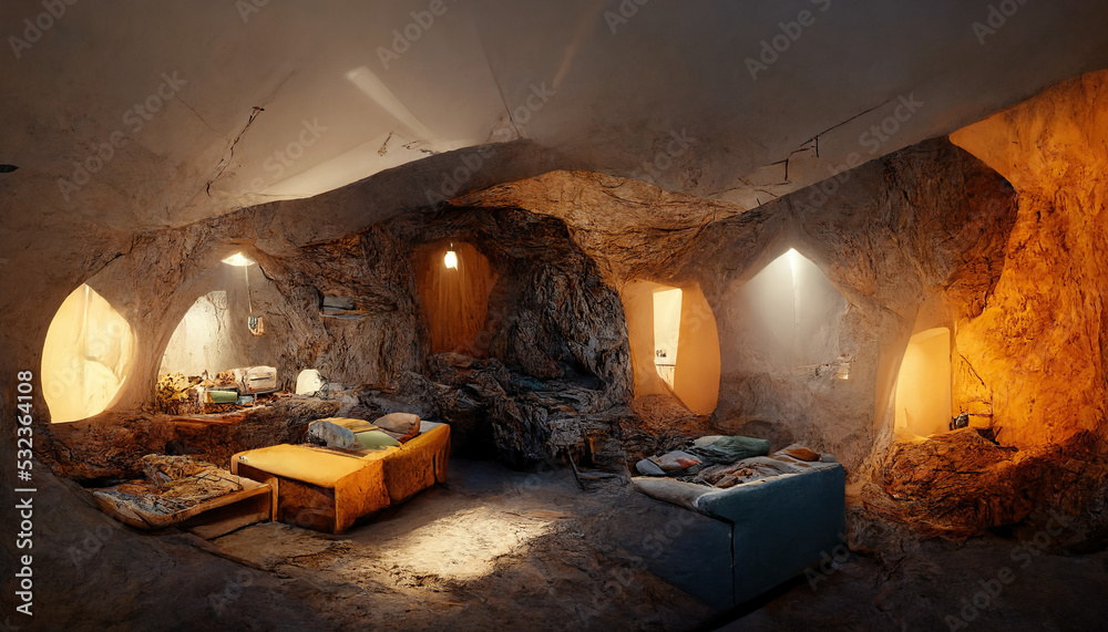 Amazing interior of a bedroom carved into a cave illustration painting ...
