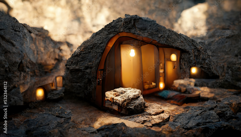 Amazing interior of a bedroom carved into a cave illustration painting ...