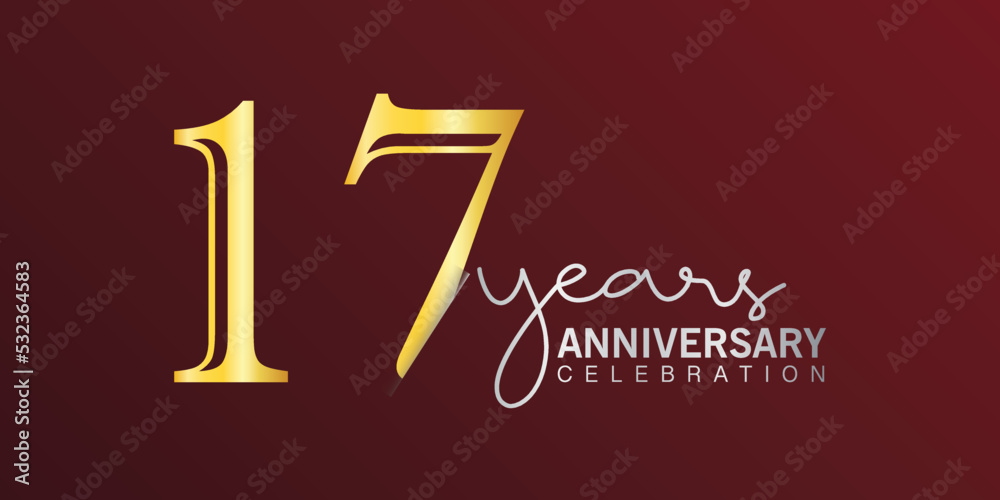 17th anniversary celebration logotype number gold color with red color ...