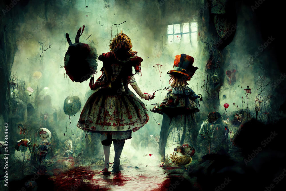 Alice in wonderland, horror style for halloween, hatter and bunny are ...