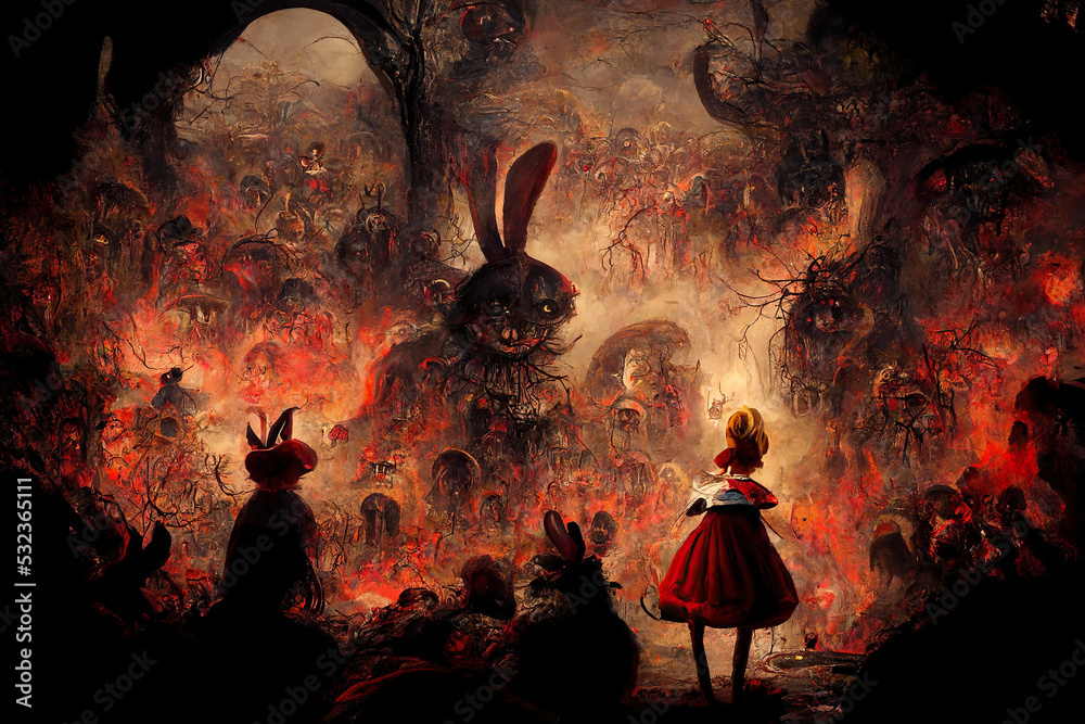 Alice in wonderland, disturbing horror style, halloween, she's in hell ...