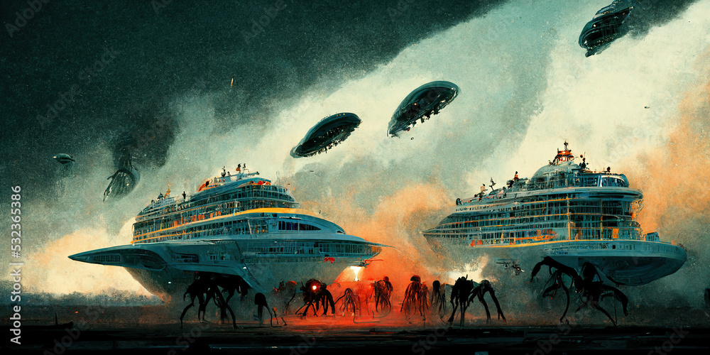Aliens invading with huge ground hovering ships, halloween horror Stock ...