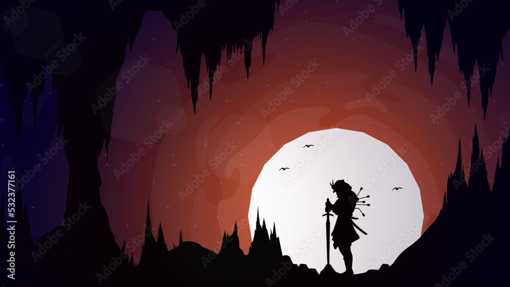 Vecteur Stock silhouette of a samurai in the night cave. japan theme ...