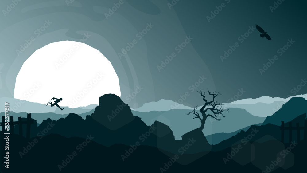 The samurai ran with two swords. illustration of a samurai boy going to ...