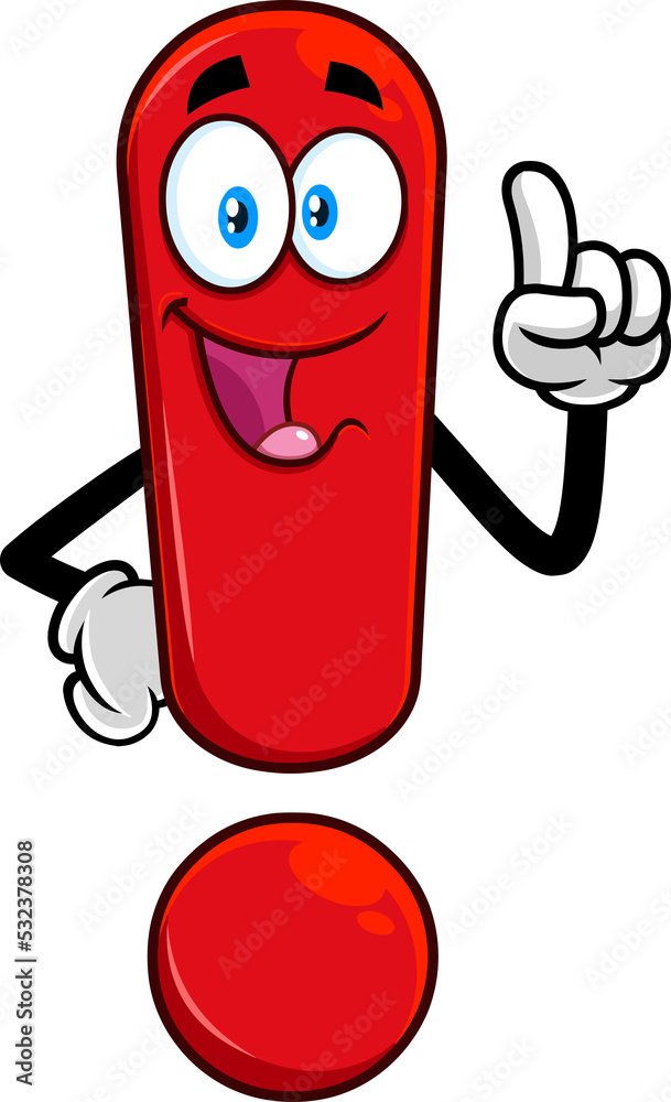 Cute Red Exclamation Mark Cartoon Character Pointing With Finger. Hand ...