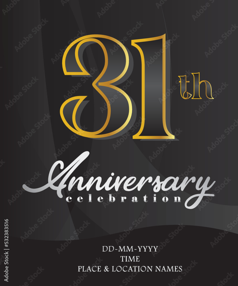 31st Anniversary Invitation and Greeting Card Design, Golden and Silver ...