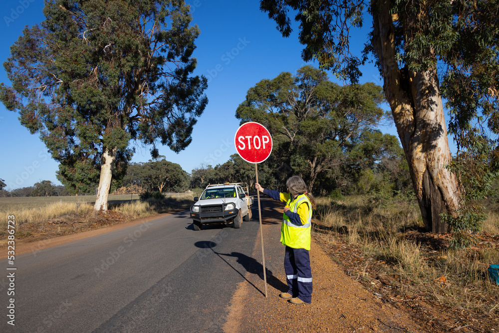 lollipop stop sign being held by worker wearing hi vis vest on side of ...