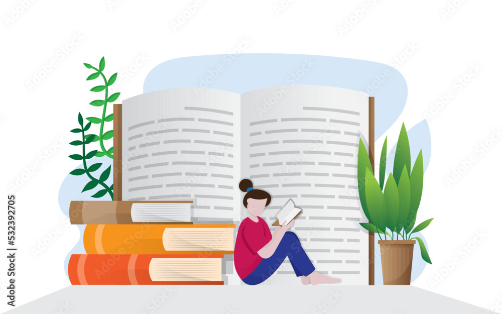Girl reading book illustration, girl studying for exam, flat cartoon ...