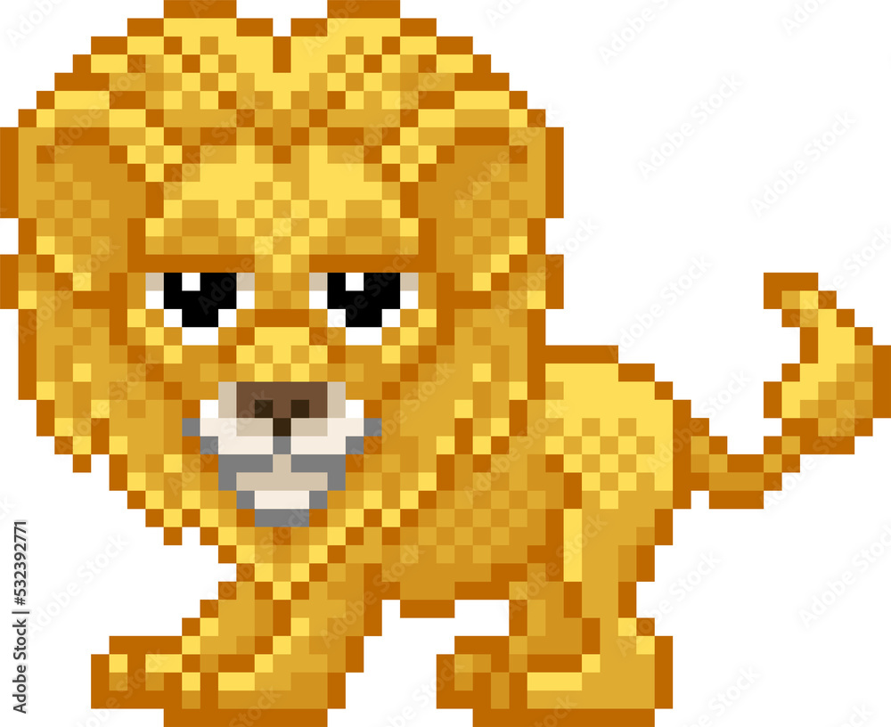 Lion Pixel Art Retro Video Game Cartoon Mascot Stock Illustration ...