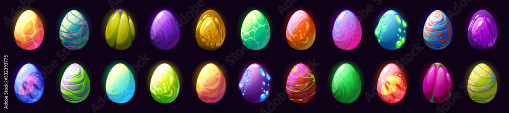 Cartoon dragon eggs, dinosaur and reptile ui game assets isolated vector set. Magic eggs ...
