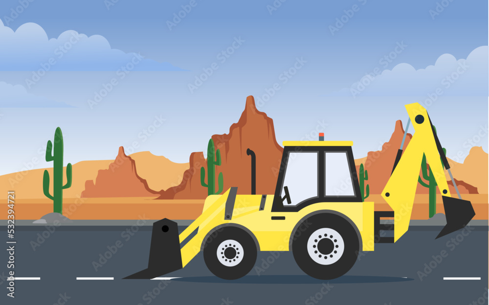 Yellow backhoe loader services isolated on desert highway background ...