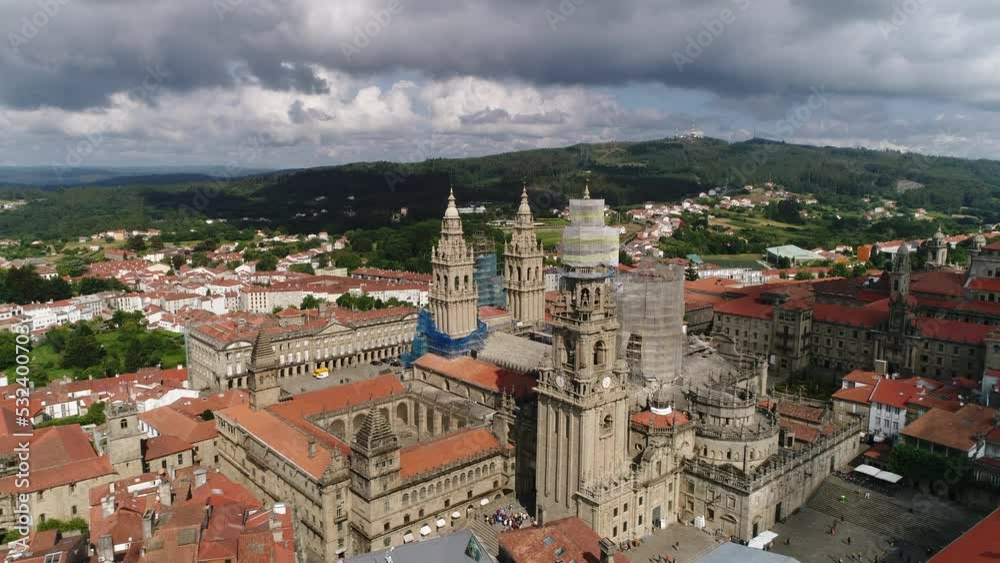 Aerial View Santiago de Compostela Cathedral and City Spain 4k. Stock ...