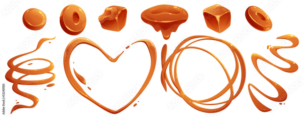 Toffee candies and liquid caramel splashes and flows. Vector cartoon ...