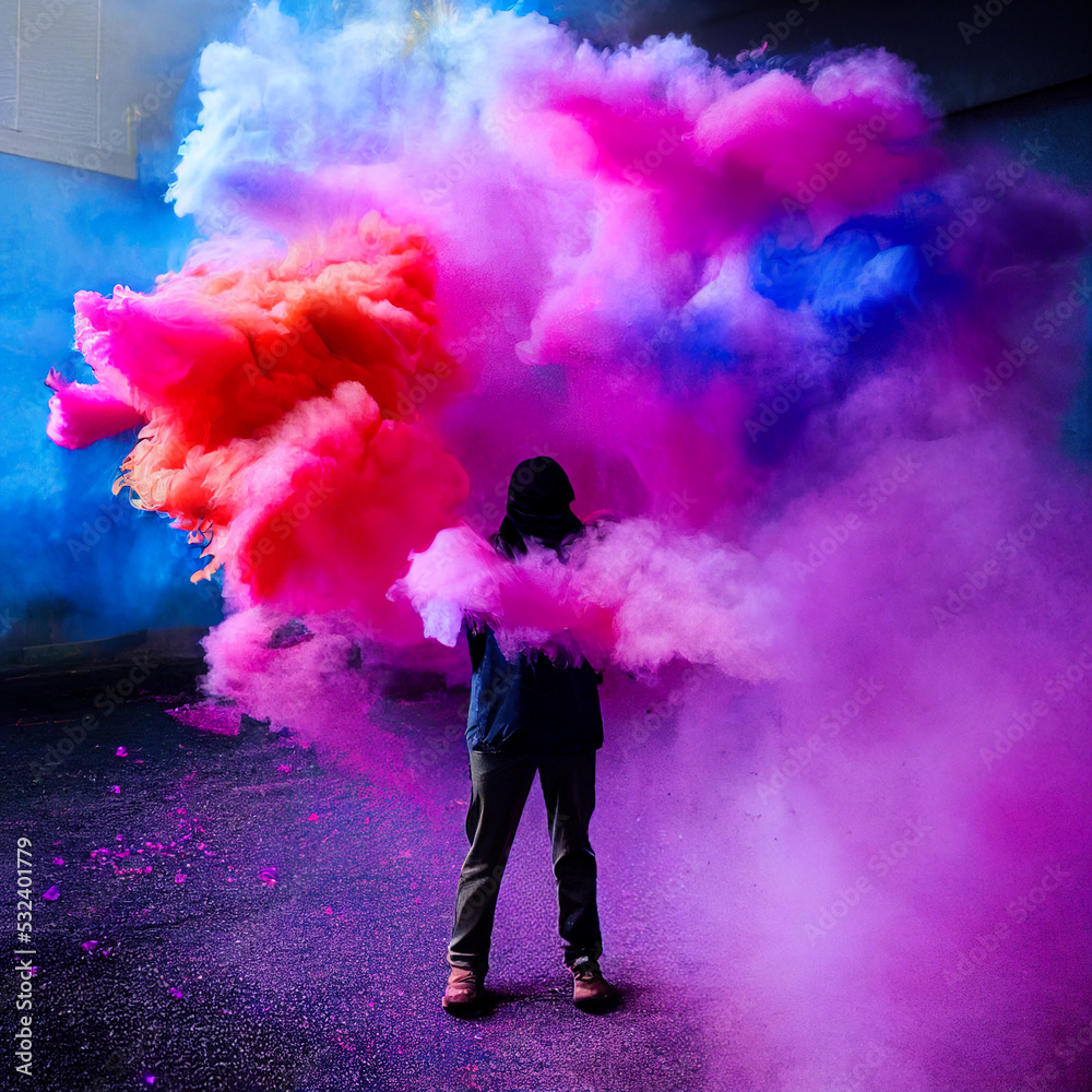 guy in mask standing in between blue and purple smoke bombs Stock-Foto ...