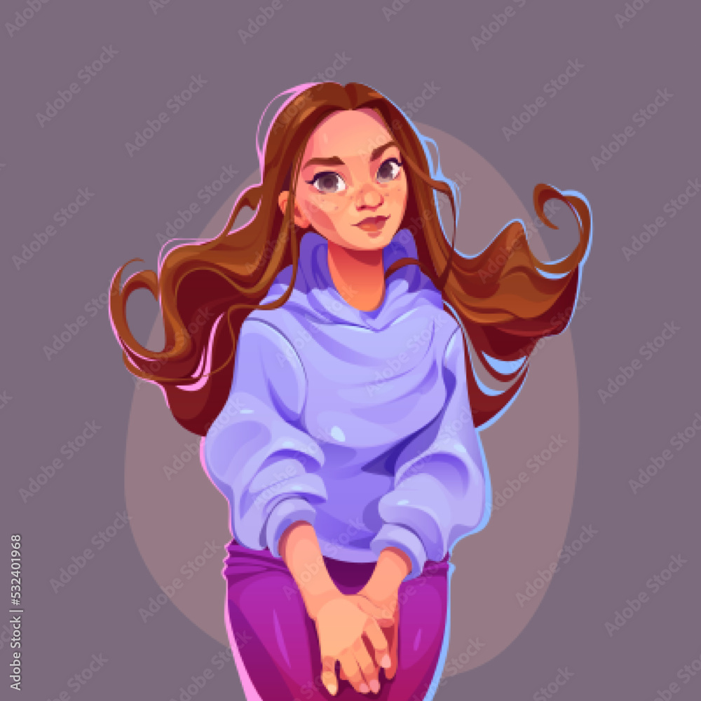 Young woman in casual clothes. Fashion model with long hair in blue ...